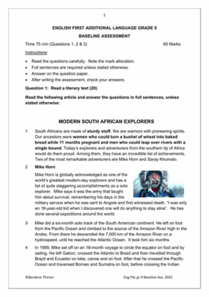 English FAL Gr. 9 Baseline assessment 2025 Term 1 – HB Trained