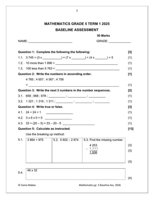 Mathematics Gr. 5 Baseline assessment 2026 – HB Trained